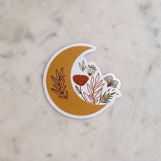 Kira Sticker With Gold Crescent Moon With Flowers And Leaves Water ...