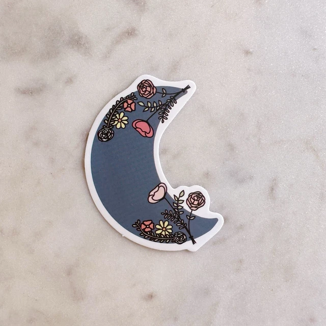 Kira Sticker With Grey Blue Crescent Moon With Flowers Water Resistant ...