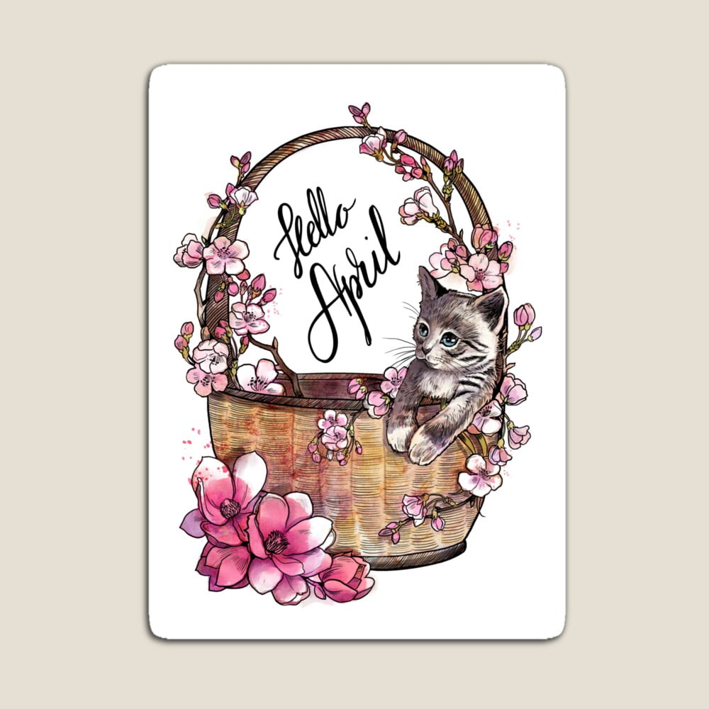 Kira Sticker With Hello April, Spring Illustration With Cute Kitty In A ...