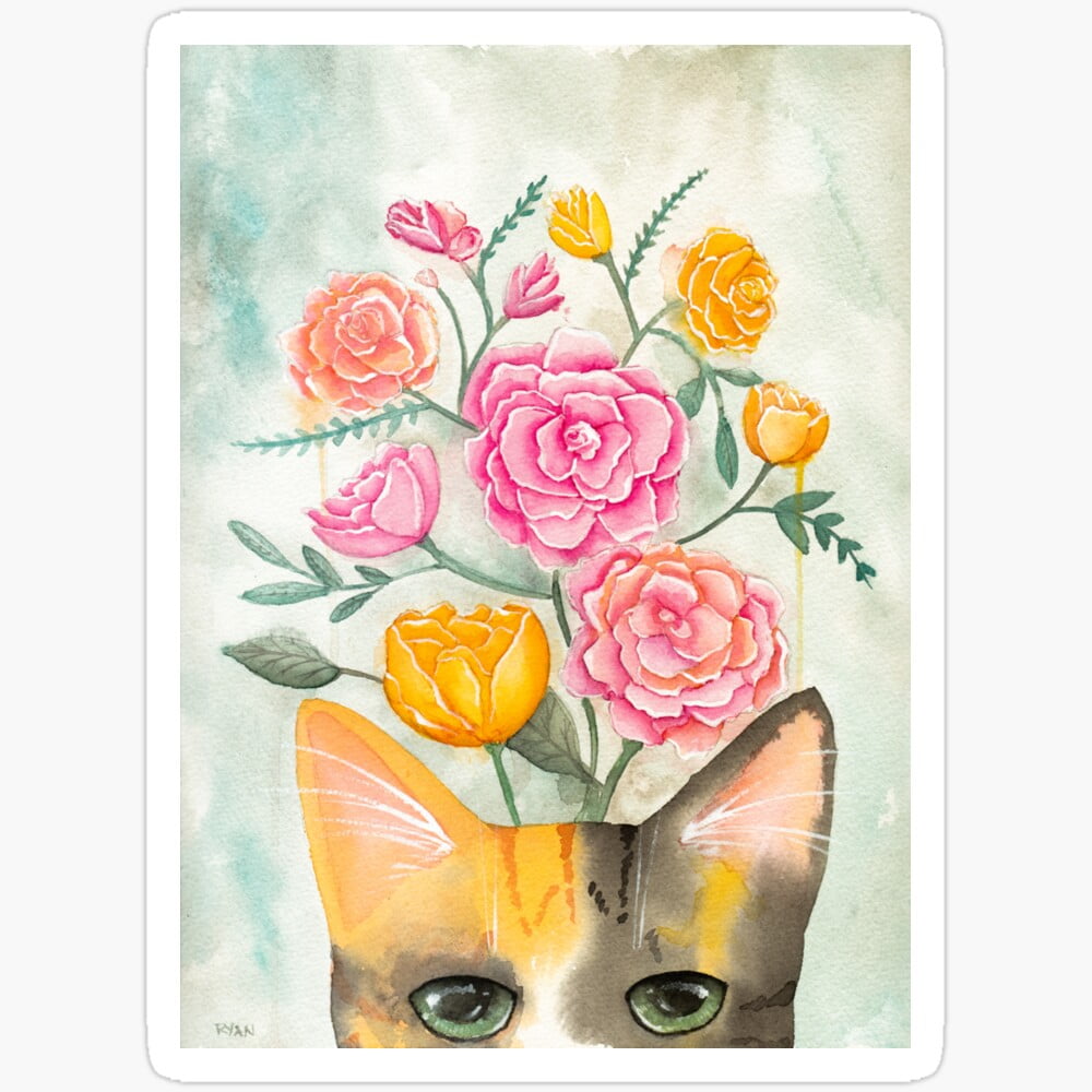 Kira Sticker - Peeking Cat And Peonies - Phone Stickers, Waterproof ...