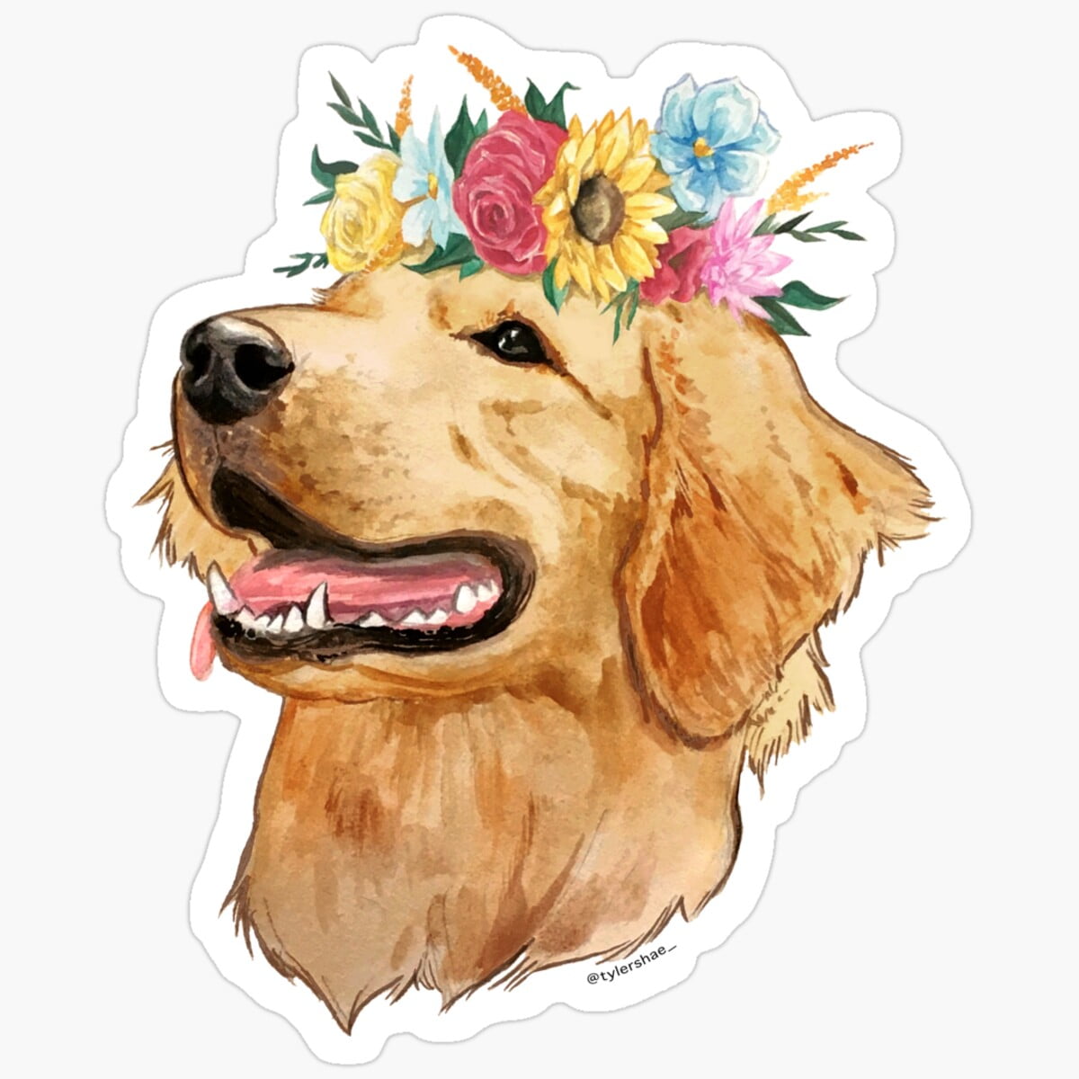 Kira Sticker - Red Golden Retriever Dog With Watercolor Flower Crown ...
