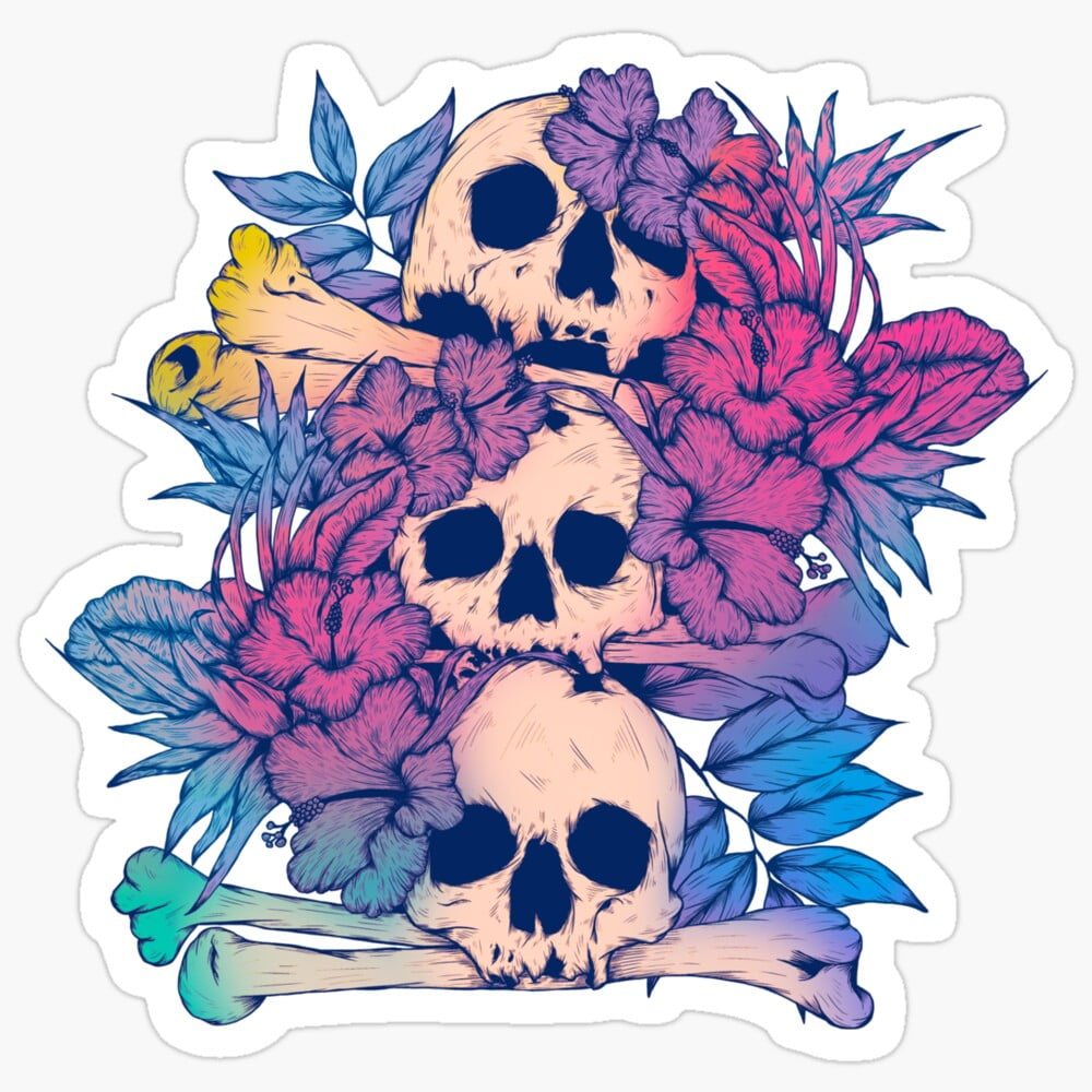 Kira Sticker - Skull And Crossbones With Rainbow Flowers - Vibrant ...