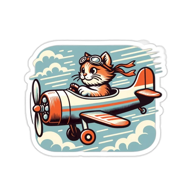 Kira Sticker With Sticker Retro Cartoon Style Cat Flying An Airplane ...