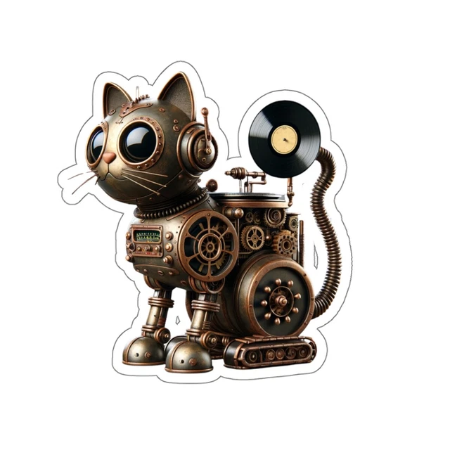 Kira Sticker With Sticker Steampunk Robot Cat Retro Style Record Player ...