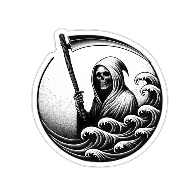 Kira Sticker With Sticker Stippled Grim Reaper Illustration With Ocean ...