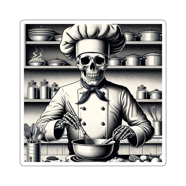 Kira Sticker With Sticker Vintage Style Stippled Skeleton Chef Artwork ...