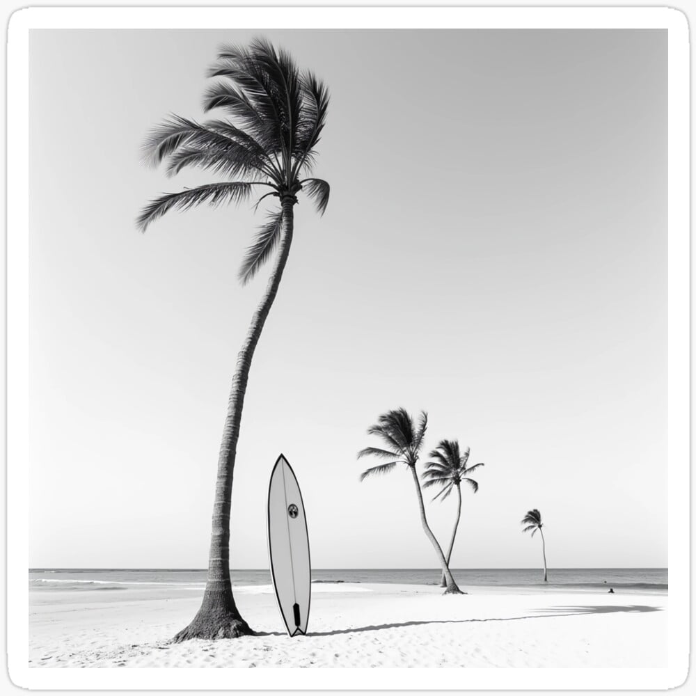 Kira Sticker - Surfboard Serenity - Black And White Beach Photography ...