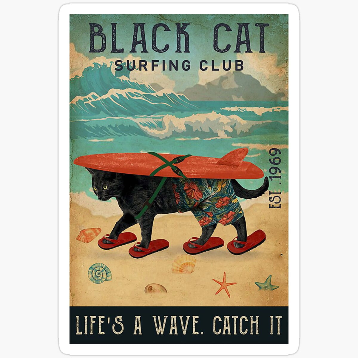 Kira Sticker - Surfing Club Black Cat Quotes Gift Glossy Sticker, Funny ...