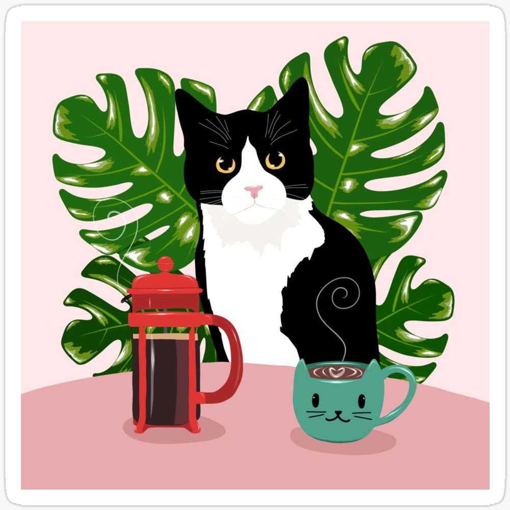 Kira Sticker - Tuxie Cat And Coffee - Phone Stickers, Waterproof Decals ...