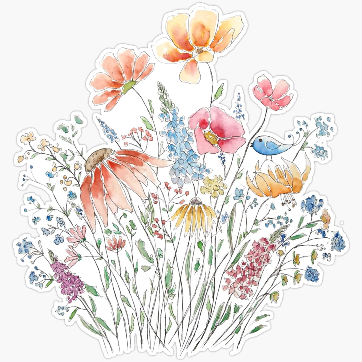 Kira hand painted wild flower bouquet and blue bird-line and watercolor ...