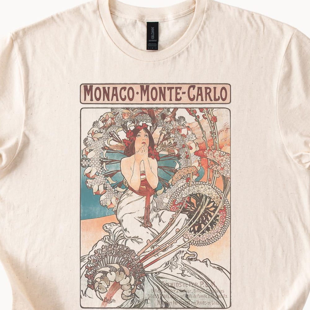 Kiraa Tee With Art Nouveau Monaco Monte Carlo Poster Graphic On Natural Color Cotton Shirt ...