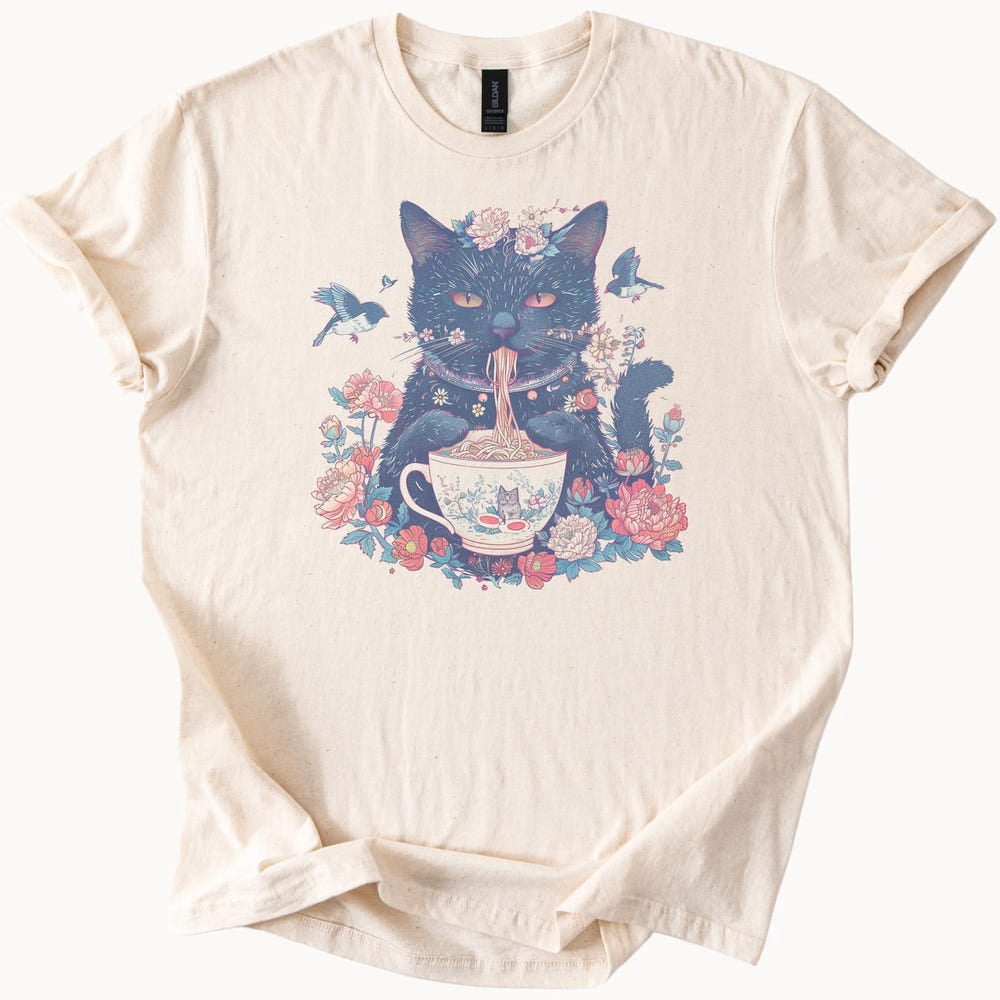 Kiraa Tee With Black Cat Eating Ramen Noodles In Floral Teacup ...