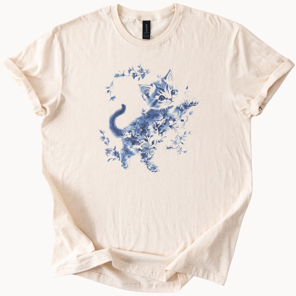 Kiraa Tee With Blue Floral Kitten T Shirt Whimsical Cat Lover Tee Cute ...