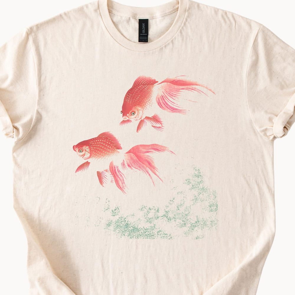 Kiraa Tee With Goldfish Graphic Shirt Softstyle Natural Tee With Japanese Inspired Watercolor ...
