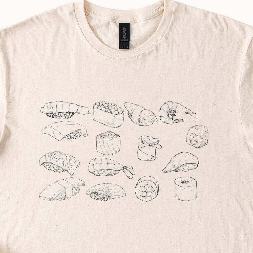 Kiraa Tee With Hand Drawn Sushi Sketch Graphic Tee Featuring Assorted ...