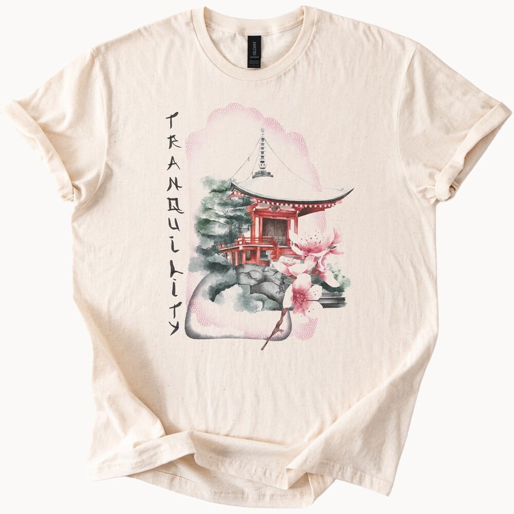 Kiraa Tee With Japanese Temple Cherry Blossom Tranquility Graphic T Shirt Zen Nature Art Tee ...