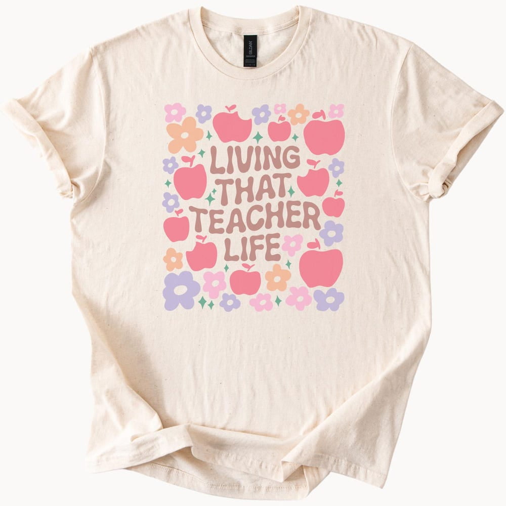 Kiraa Tee With Living That Teacher Life Graphic Tee With Apples And Pastel Flowers Cute Teaching ...