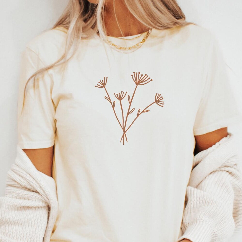 Kiraa Tee With Minimalist Wildflower Tee Simple Floral Shirt Botanical Graphic Tshirt Nature ...