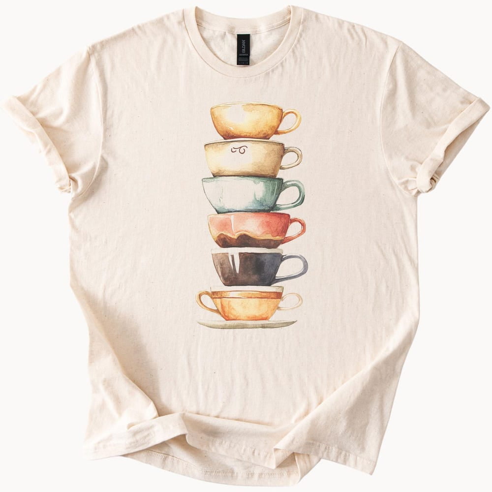 Kiraa Tee With Stacked Coffee Cups Graphic T Shirt Watercolor Tea Mug ...