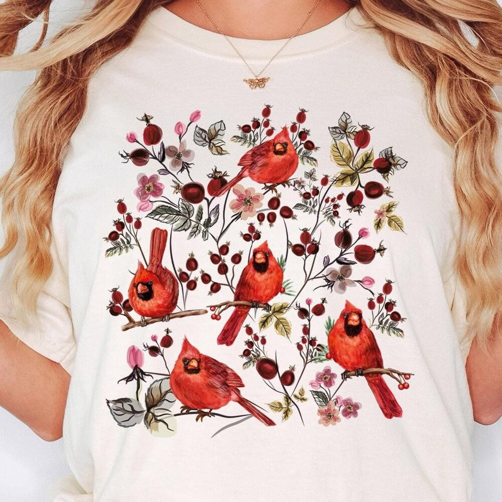 Kiraa Tee With Vintage Cottagecore Wildflower Red Cardinal Shirt, Goblincore Nature Shirt, Bird ...