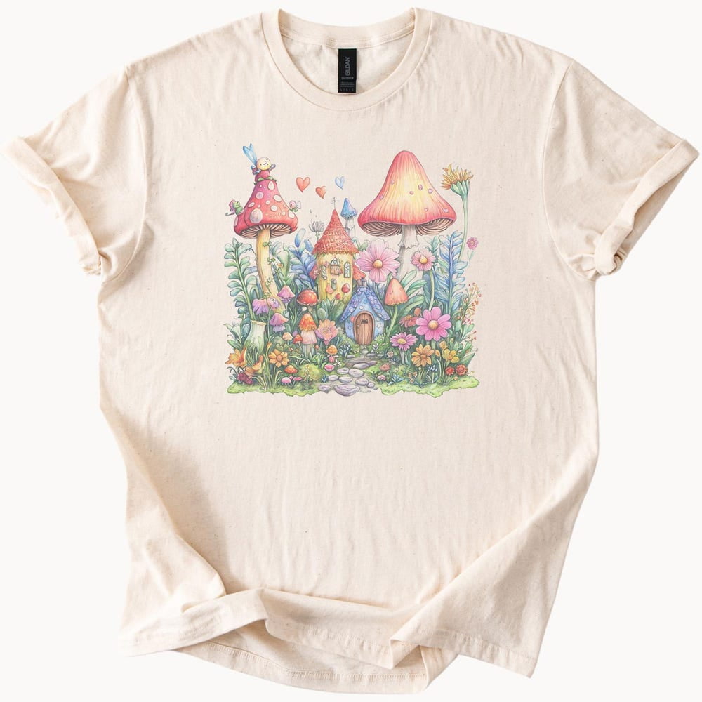 Kiraa Tee with Whimsical Fairy Mushroom Cottage T Shirt Pastel Garden ...