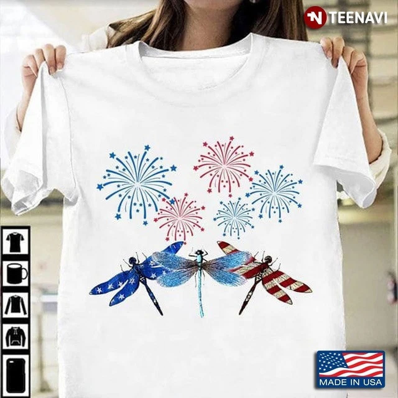 Kiraa Tee With 4Th Of July Shirt, Dragonflies With Fireworks American ...