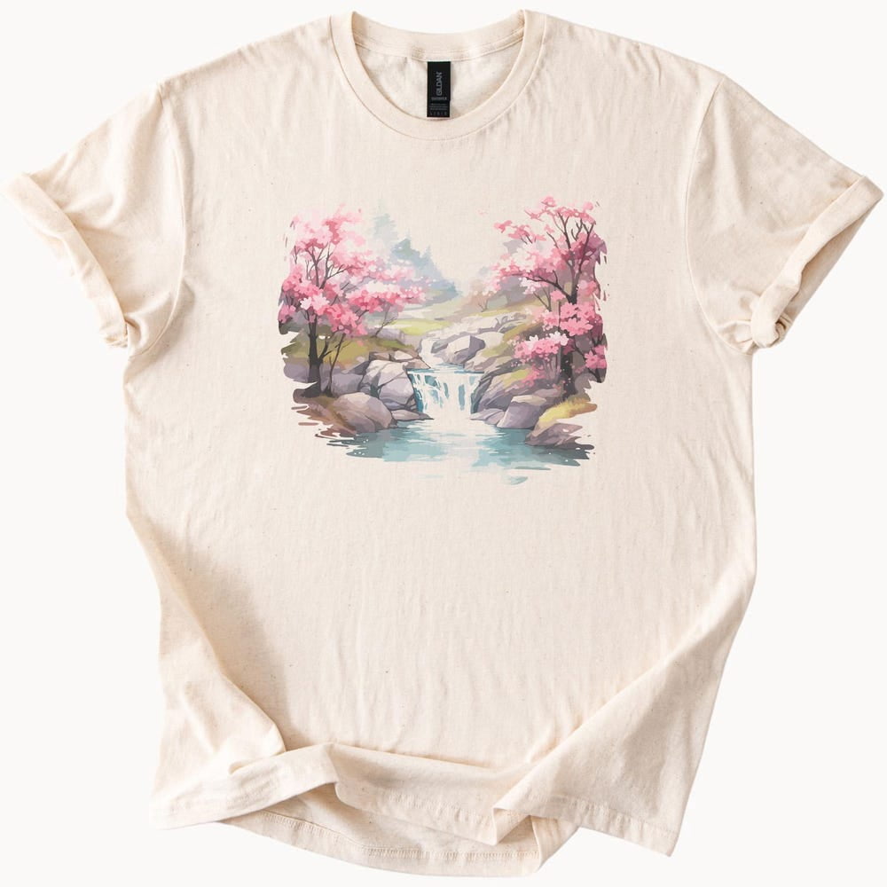 Kiraa Tee With Pink Cherry Blossom Tree Waterfall Graphic Tee Nature ...