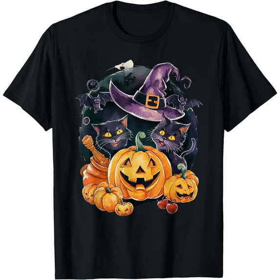 Kiraa Tee With Retro Black Cat Pumpkin Bats Autumn Halowen Party Unisex ...