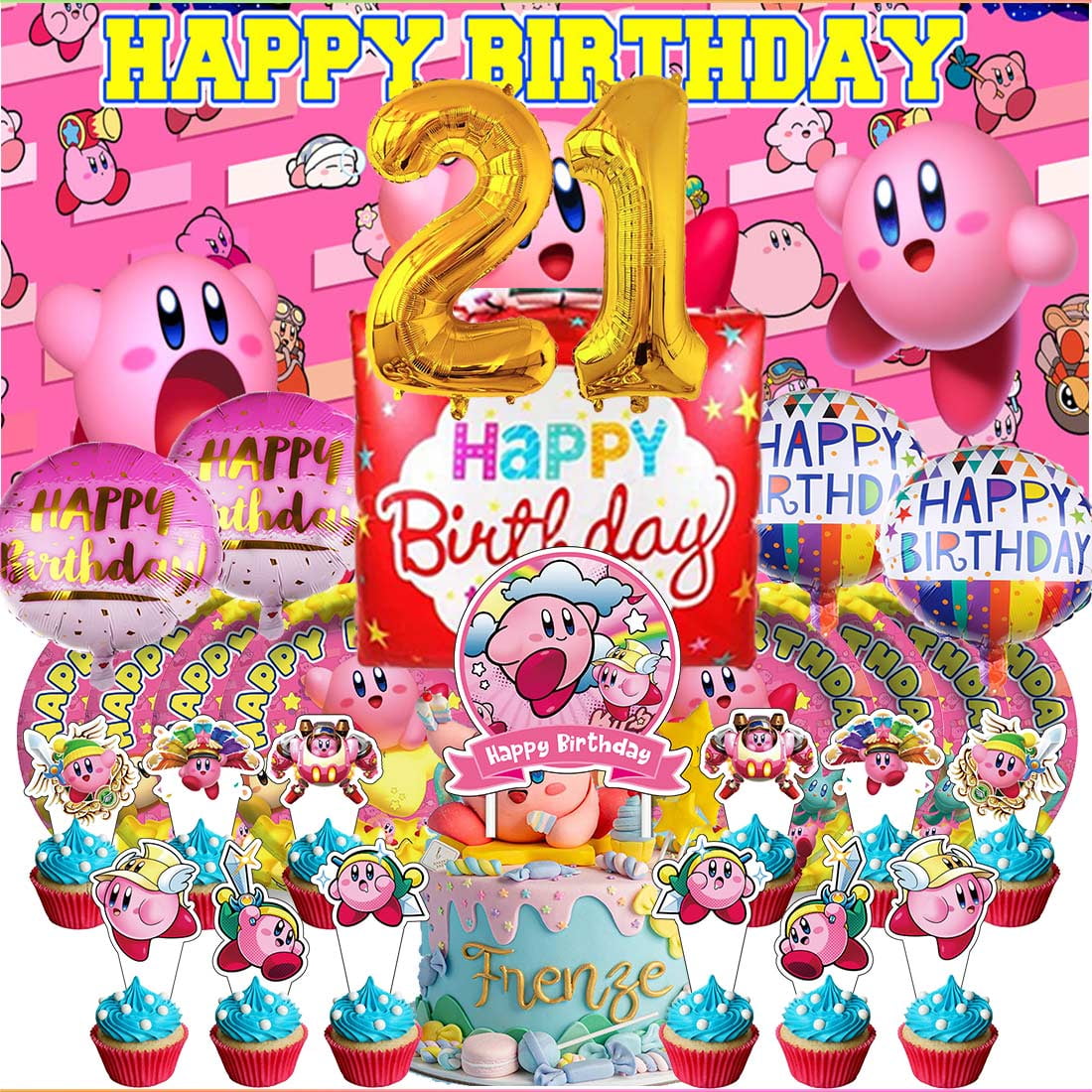 Kirby Star 21th Tableware Balloons Cake Toppers Backdrop Banner ...