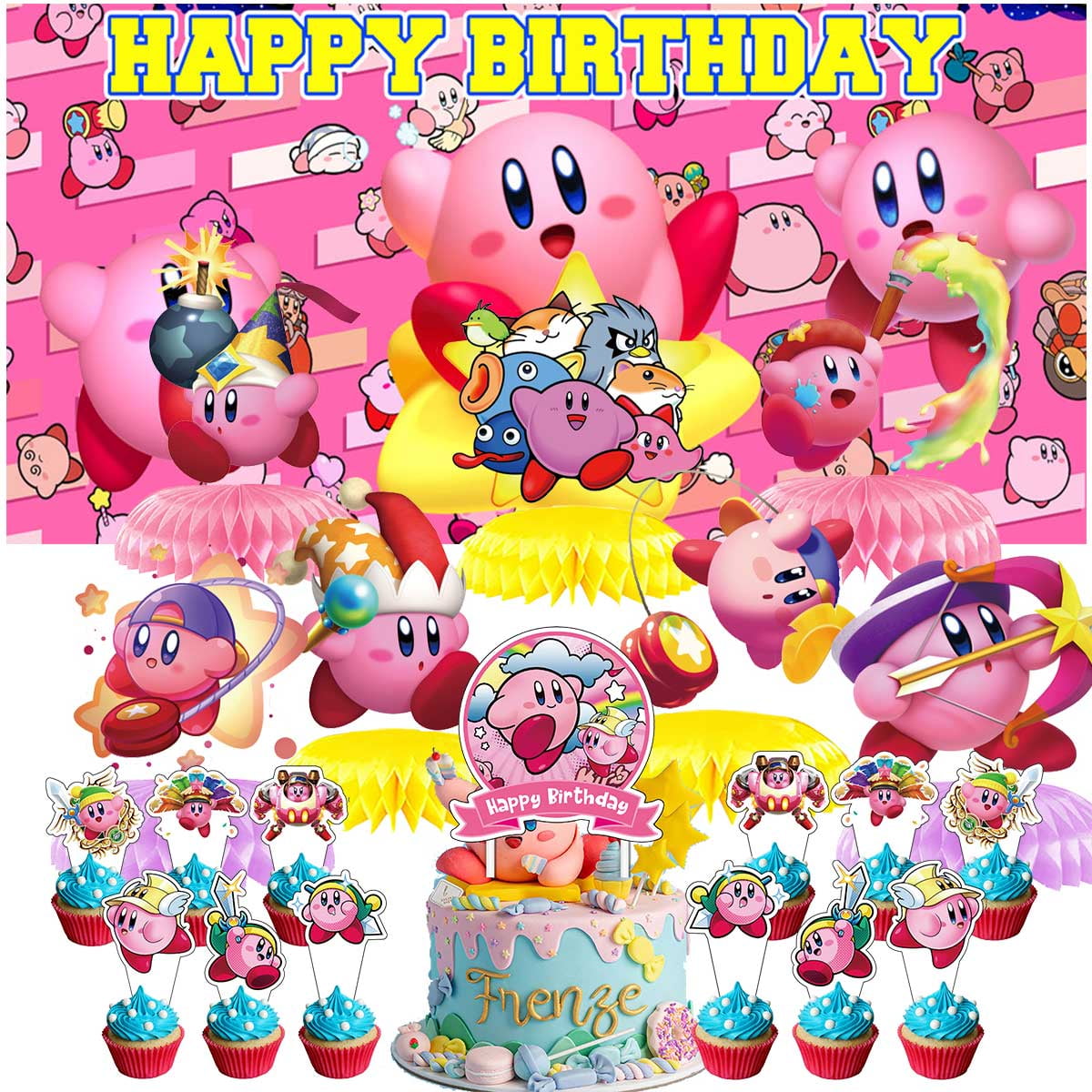 Kirby Star Party Supplies Honeycomb Centerpieces Table Toppers Backdrop ...