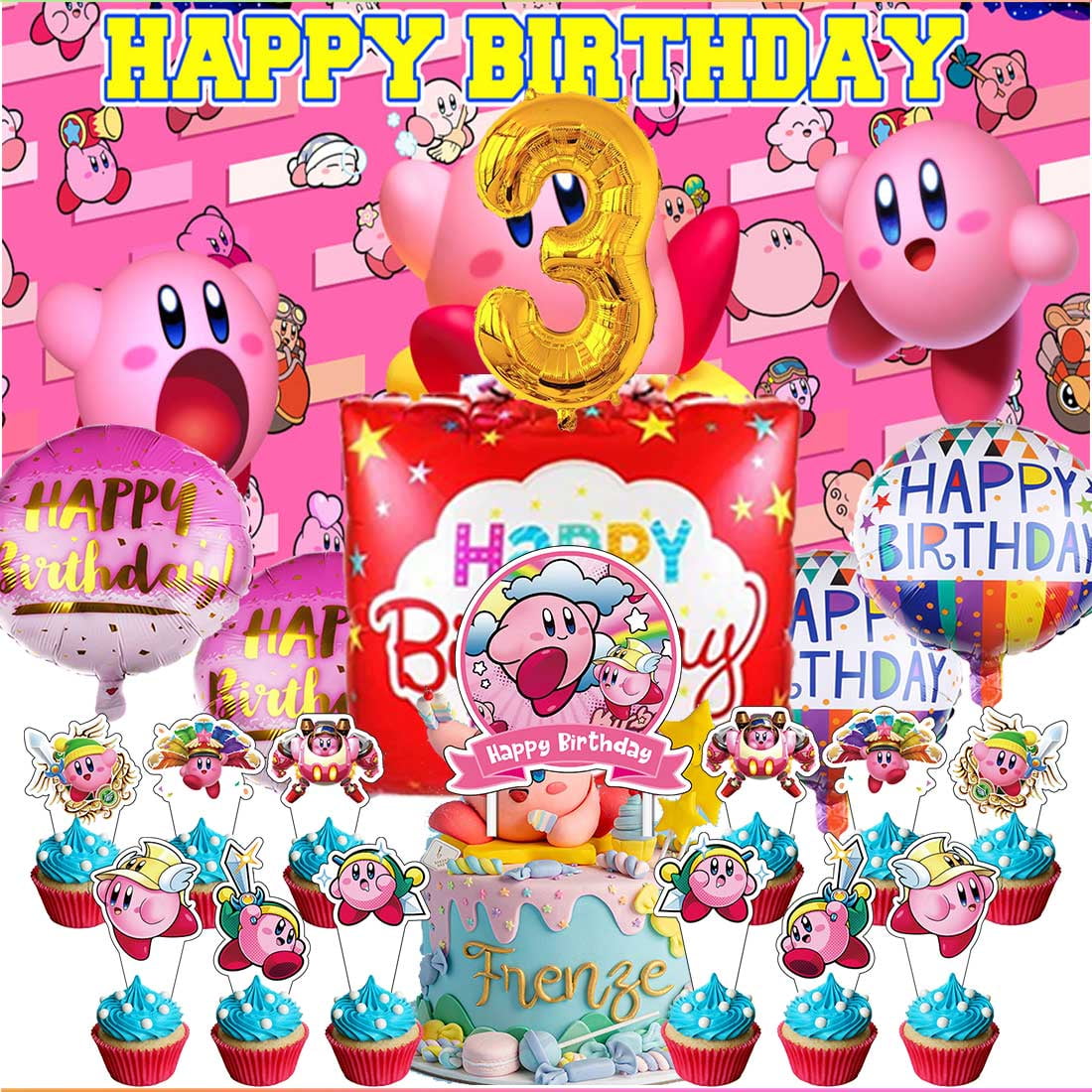 Kirby Star Party Supplies Decor 3rd Kit Balloons Birthday Cake Topper ...
