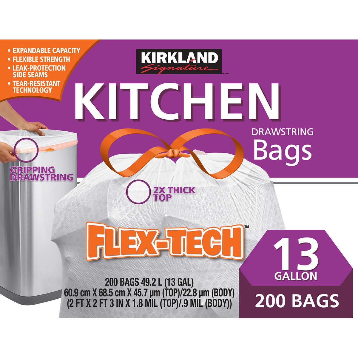 Kirkland Flex-Tech Kitchen Trash Bags, 13-Gallon, White, 200-Count ...