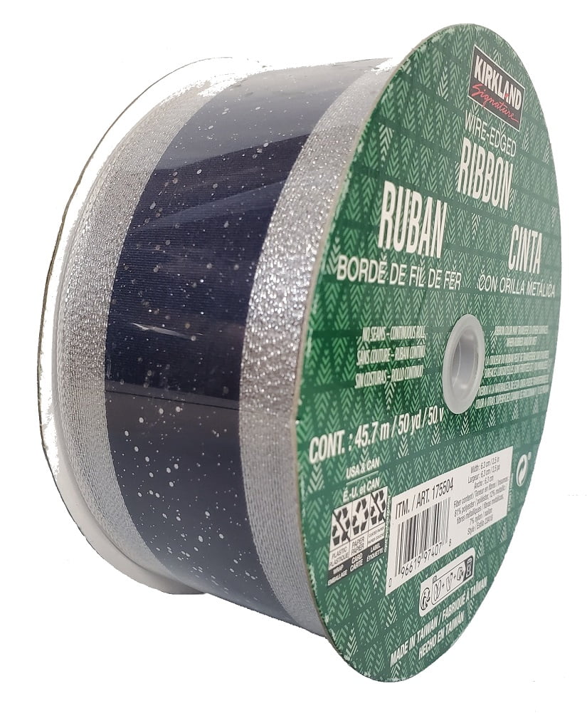 Kirkland Signature Wire Edged Silver Metallic Navy Stripe Ribbon 50yd x ...