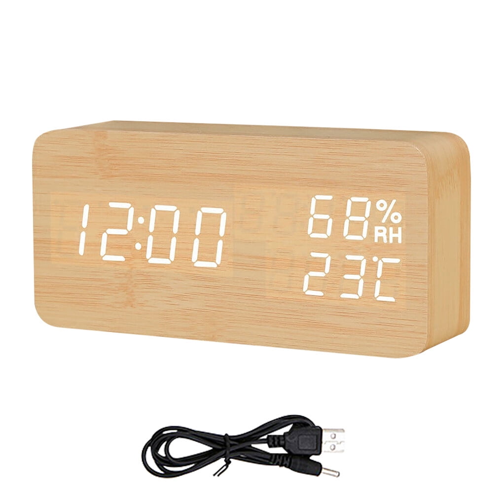 Kironypik Digital Display LED Alarm Clock Wood Desktop Humidometer ...