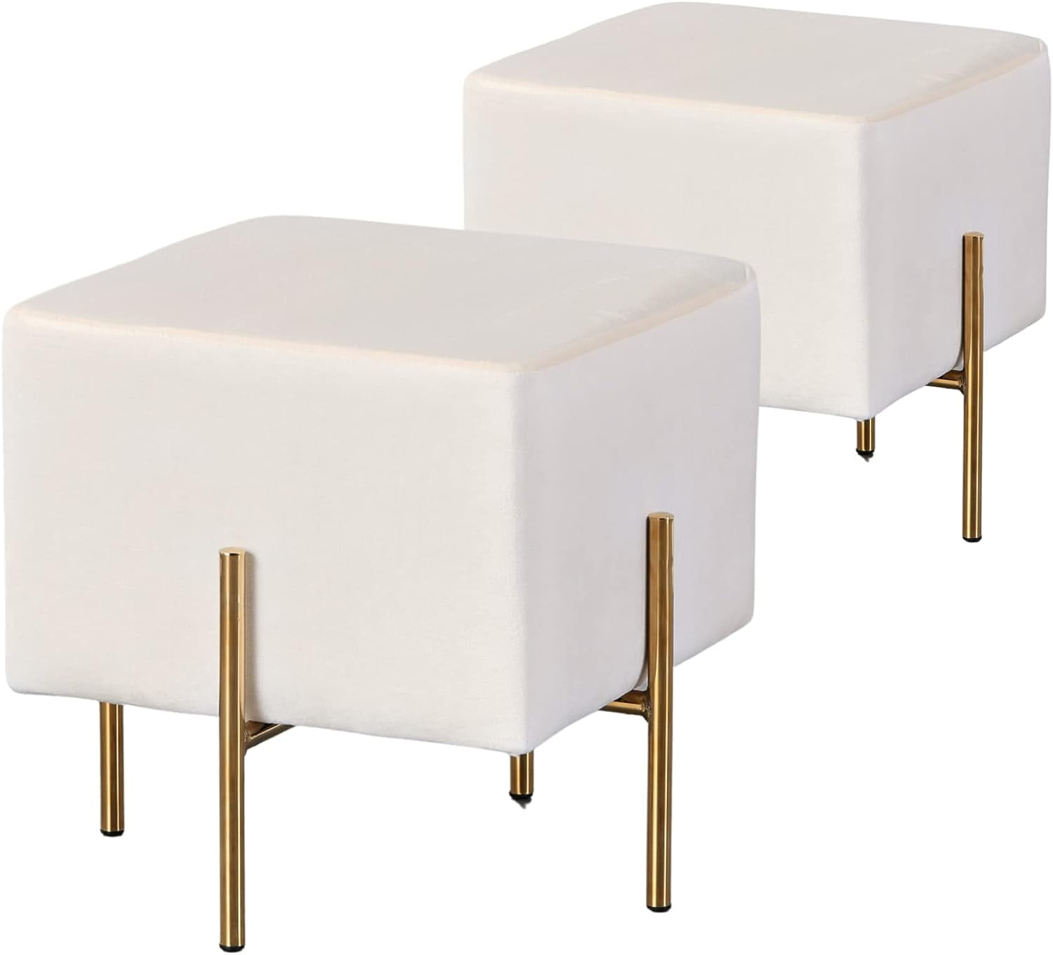 Kirpi Velvet Ottoman Set of 2, Cream Modern Gold Vanity Stool Square ...