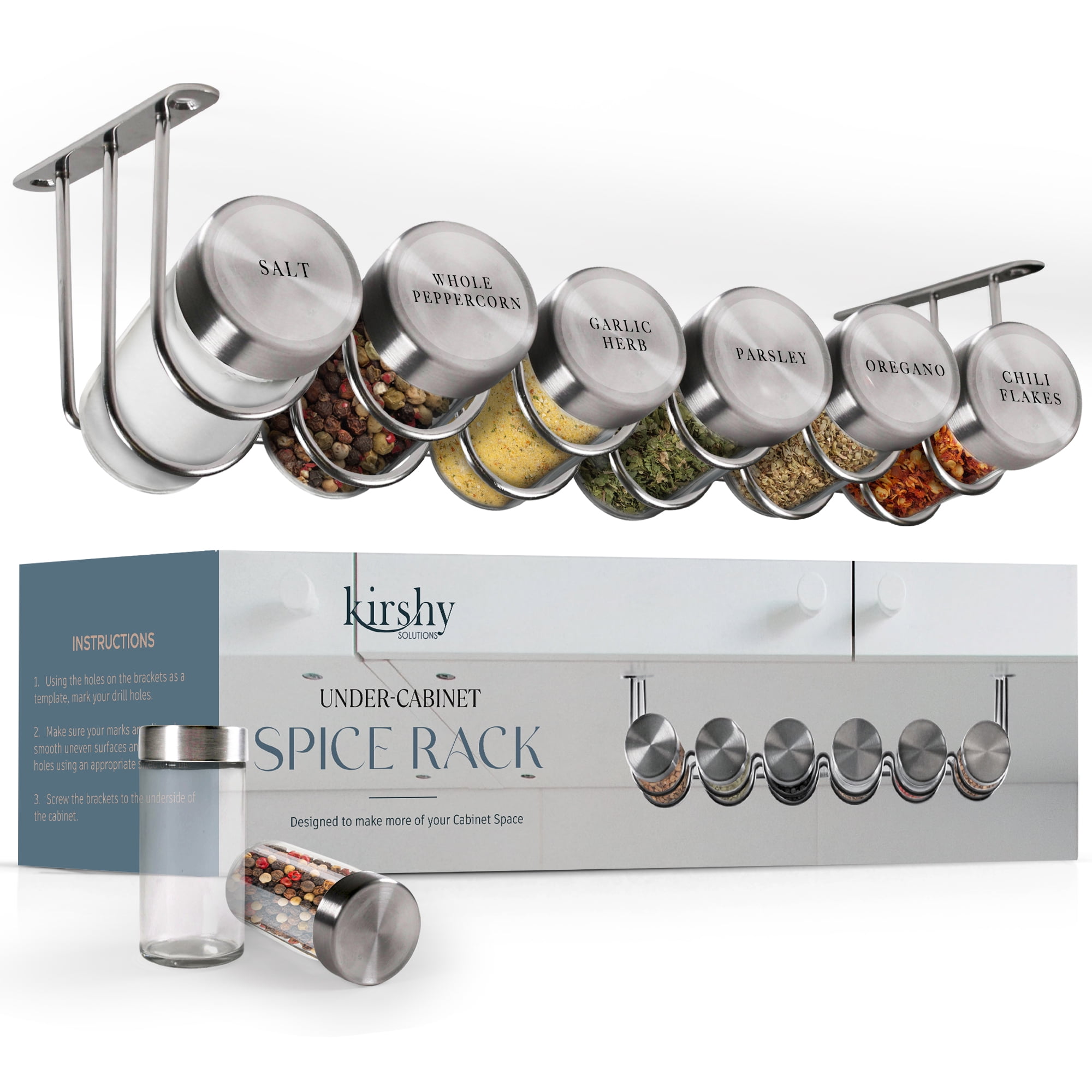Kirshy Solutions Under Cabinet Spice Rack With 6 Glass Spice Jars & 21 ...