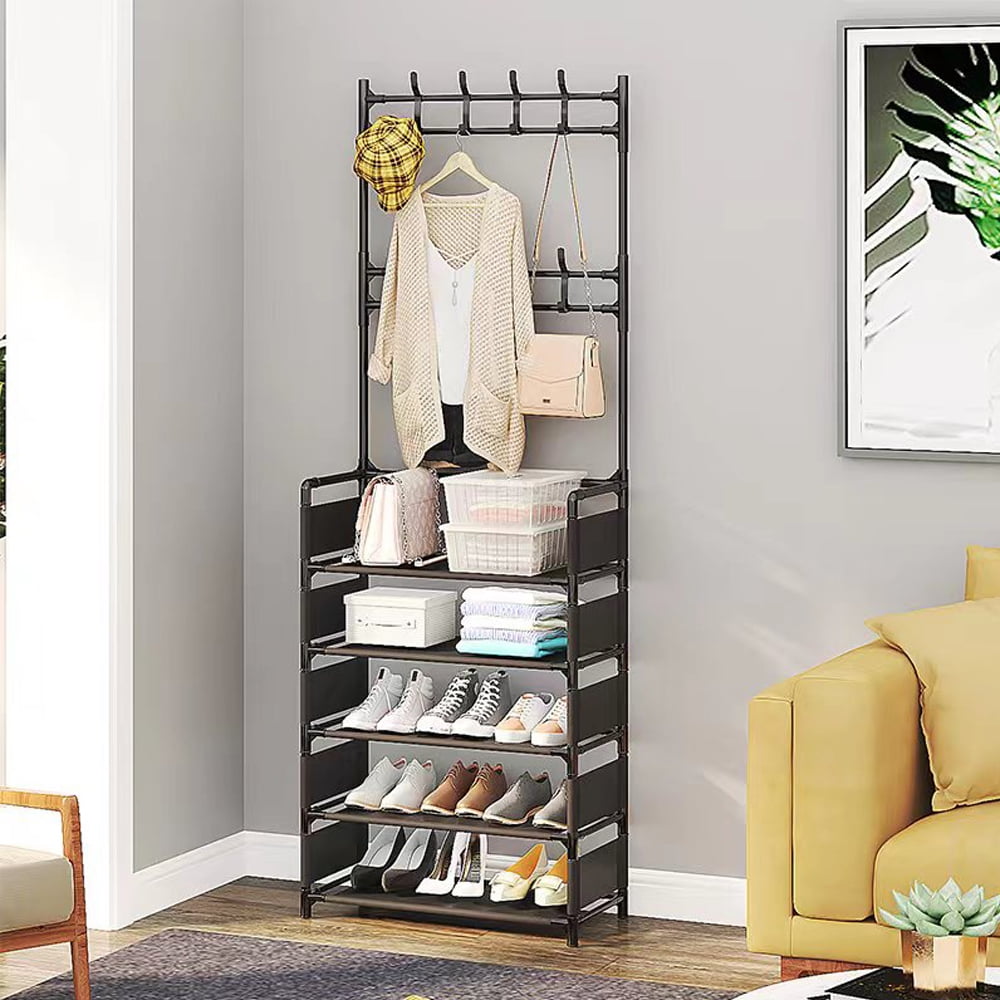 Kisdream 5 Tiers Metal Shoe Rack Hat Rack Adjustable Hall Tree with 16 Metal Hanger Hooks Side ...