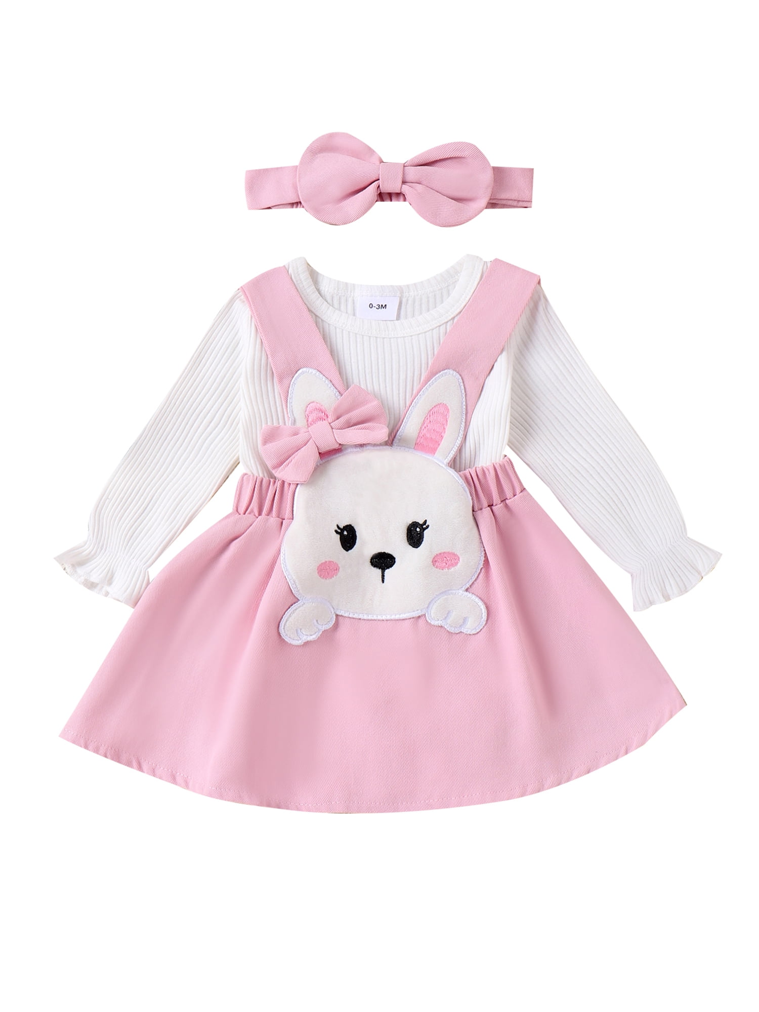 Kishawna Baby Girl Easter 3 Piece Set,Long Sleeve Ribbed Romper + Rabbit Suspender Skirt Outfits ...