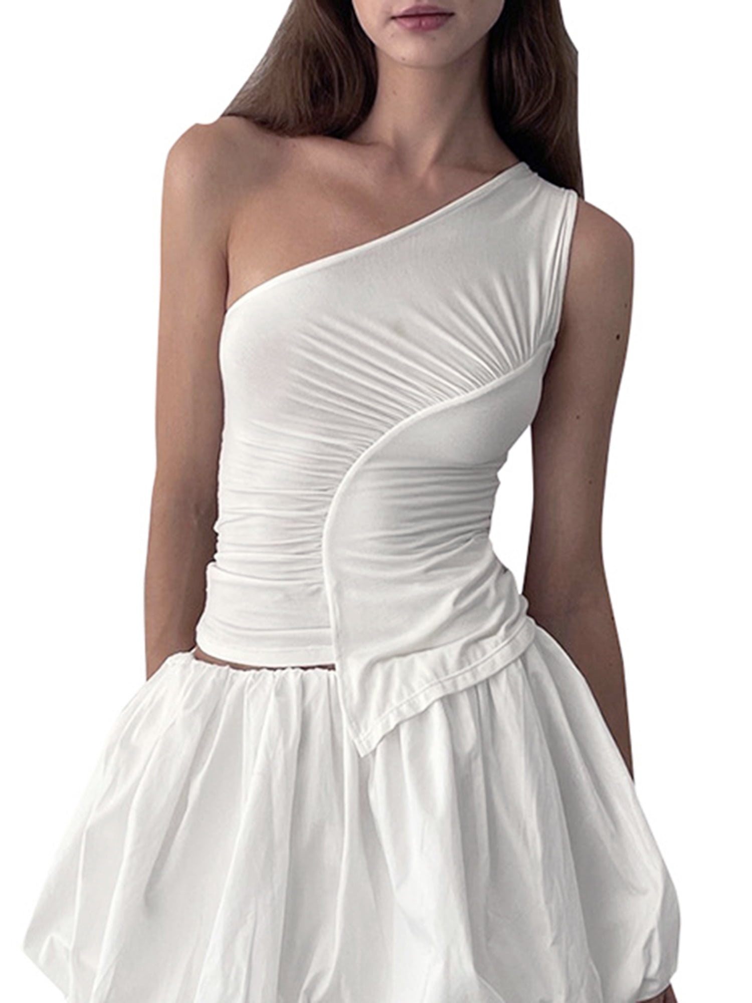 Kishawna Women's Sleeveless One Shoulder Irregular Rufle Vest Tank Tops ...