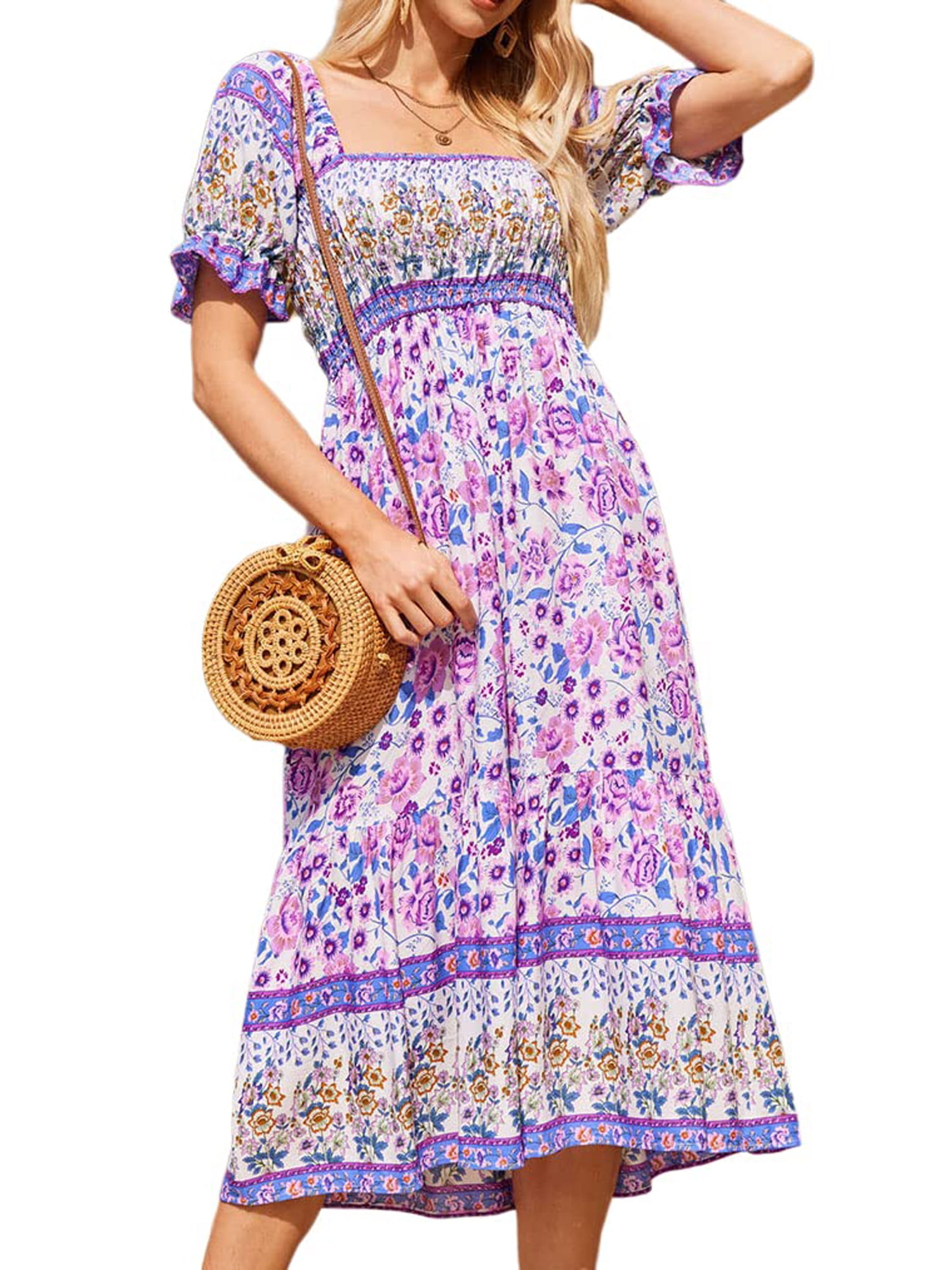 Kishawna Womens Boho Floral Puff Sleeve Tiered Maxi Dress Long Dresses ...