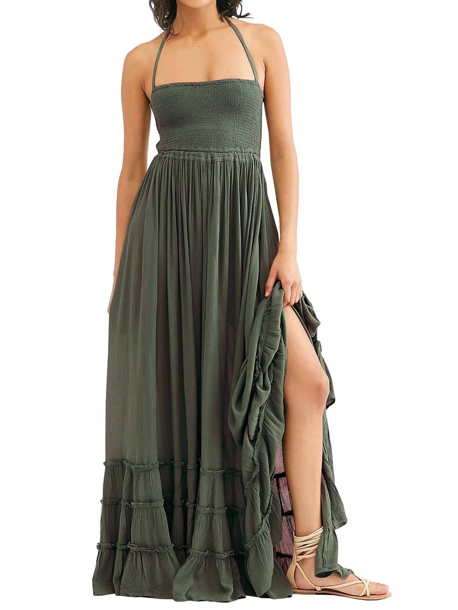 Kishawna Womens Boho Floral Puff Sleeve Tiered Maxi Dress Long Dresses ...