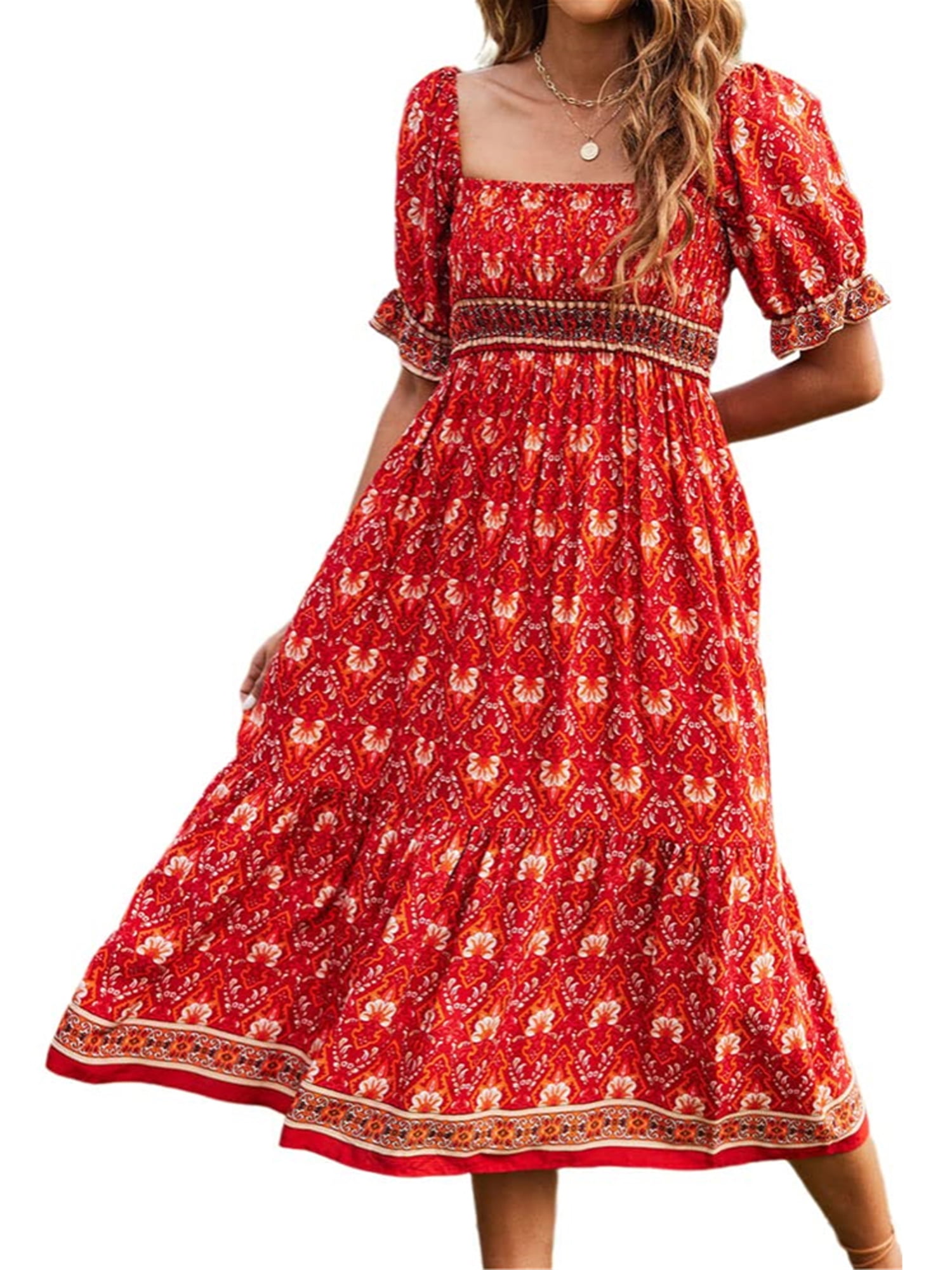 Kishawna Womens Boho Floral Puff Sleeve Tiered Maxi Dress Long Dresses ...