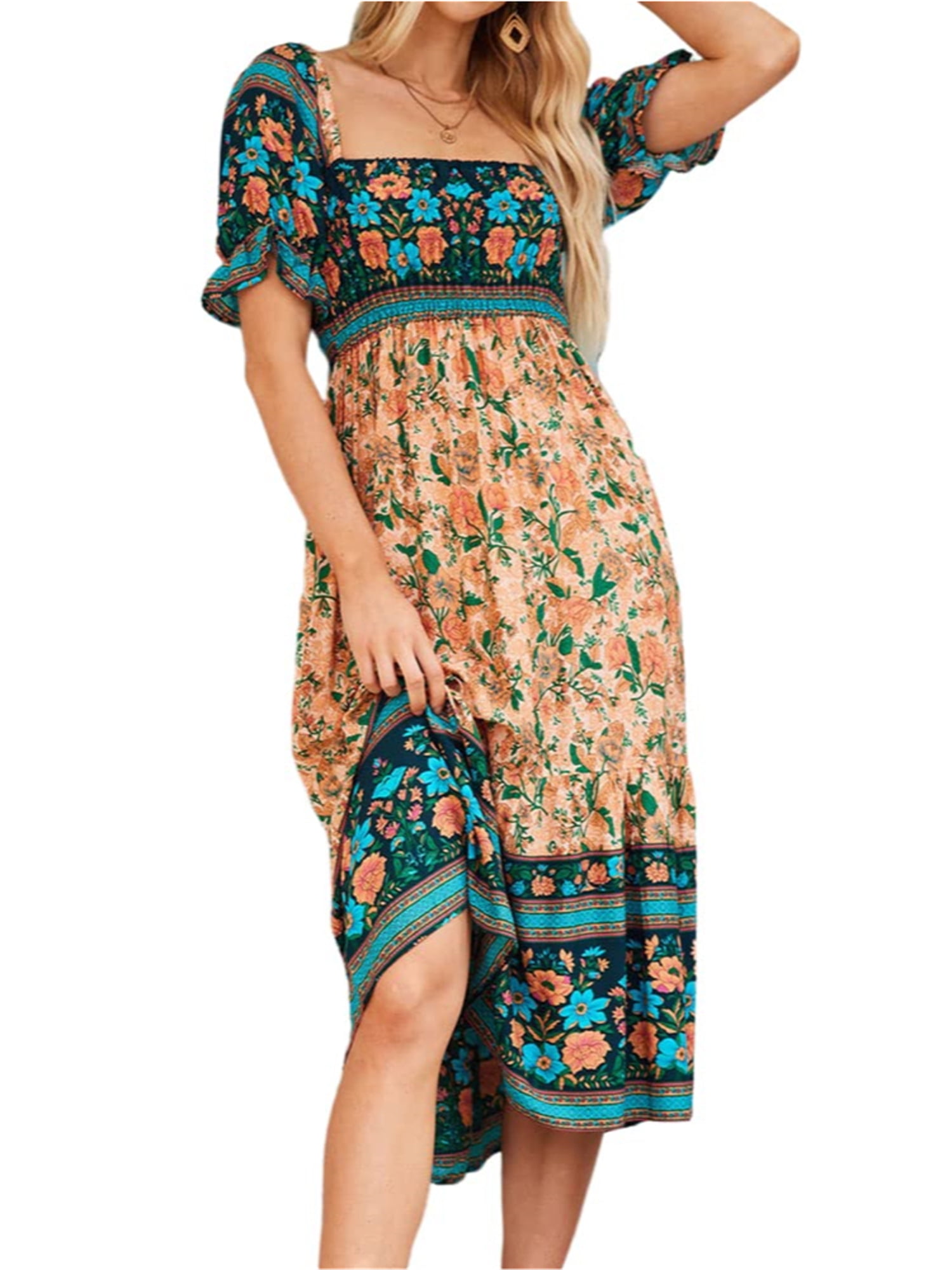 Kishawna Womens Boho Floral Puff Sleeve Tiered Maxi Dress Long Dresses ...