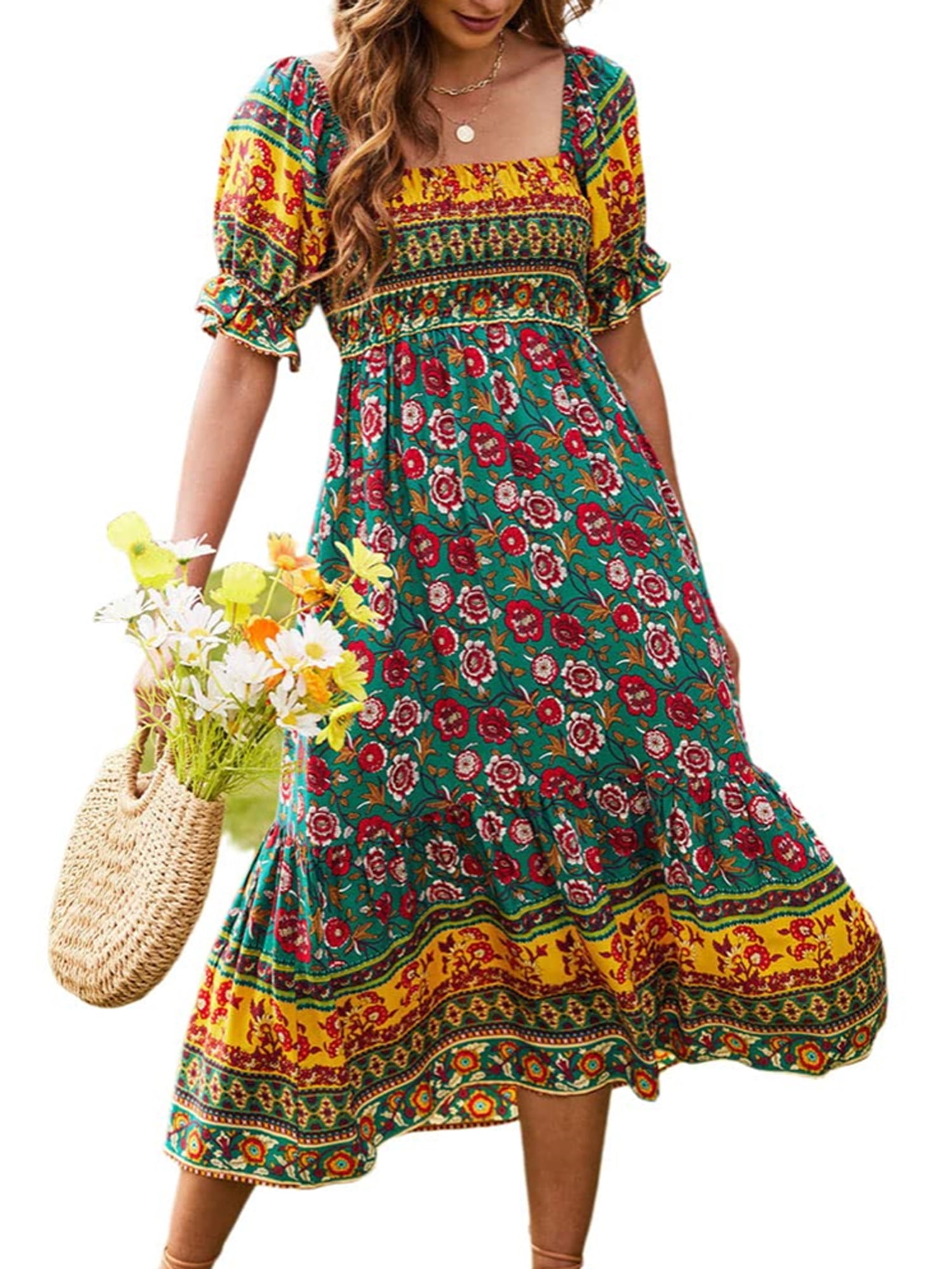 Kishawna Womens Boho Floral Puff Sleeve Tiered Maxi Dress Long Dresses ...