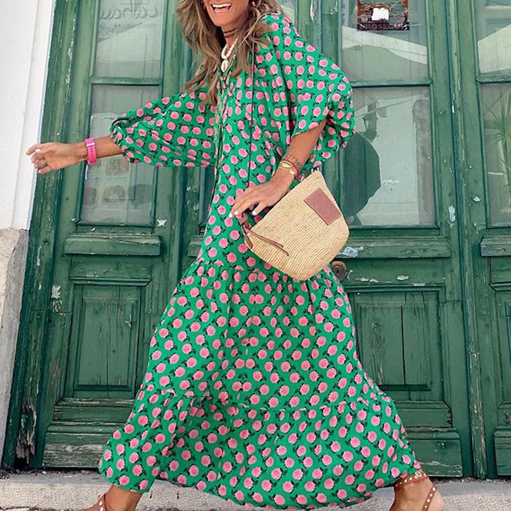 Kishawna Womens Boho Floral Puff Sleeve Tiered Maxi Dress Long Dresses ...