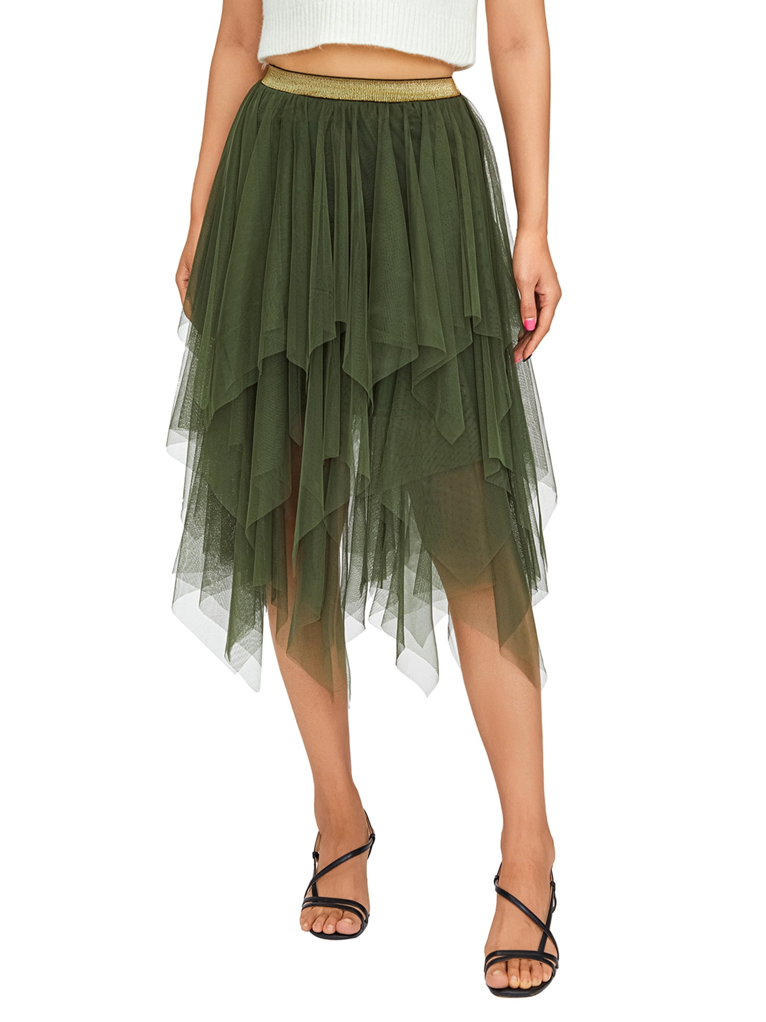 Kishawna Womens Elastic Waist Irregular Multi-Layered Tulle Midi Skirts ...