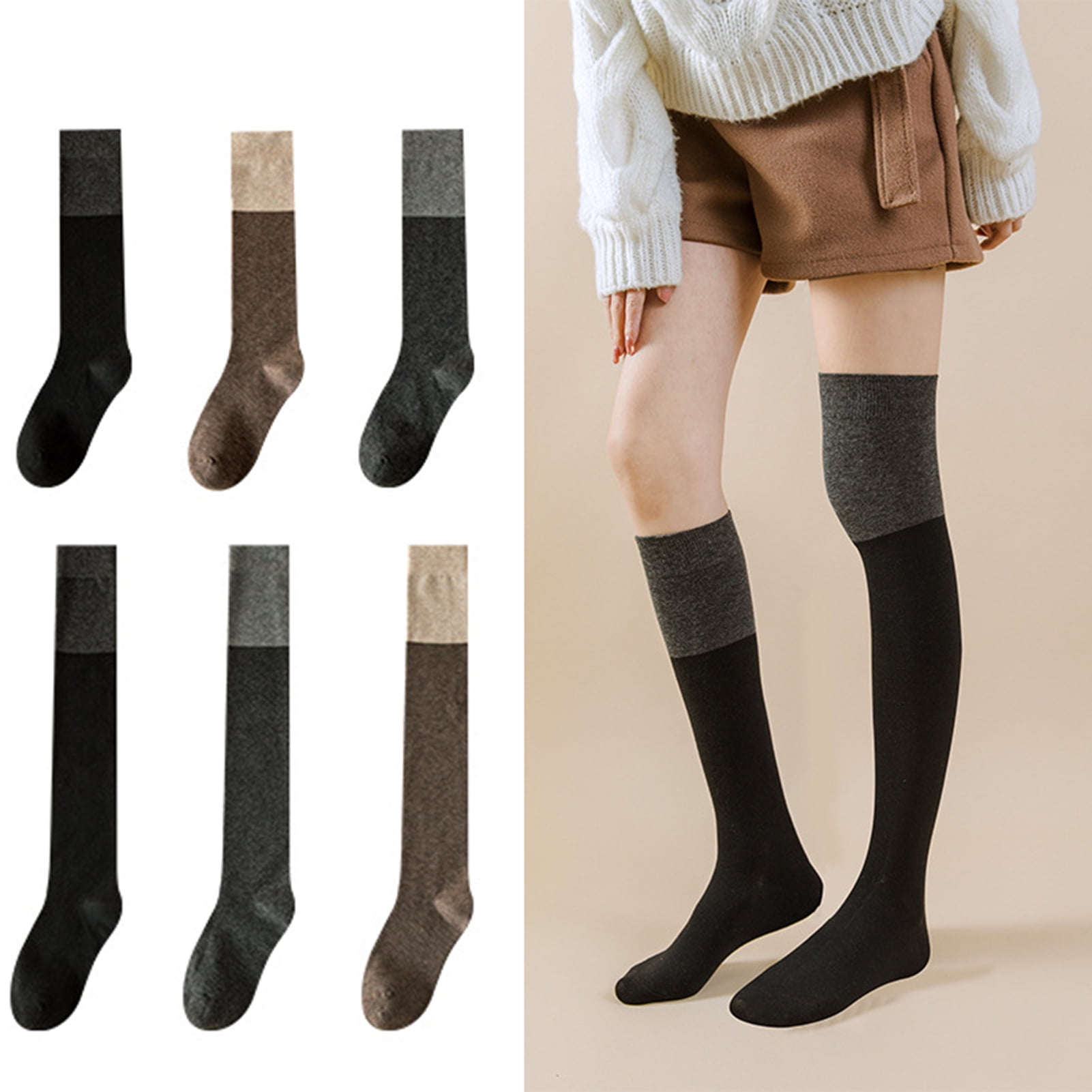 Kiskick 1 Pair Women Winter Warm Thigh High Stockings Ladies Girl Slicing Color Over Above Knee