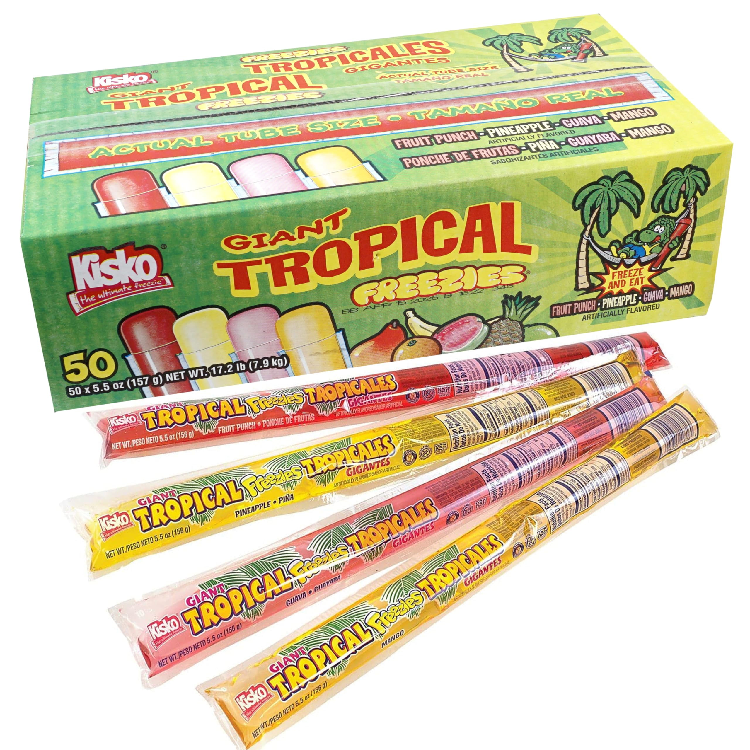 Kisko Giant Tropical Freezies, 50 Count Freeze Pops, 5.5oz Each, Fruit ...