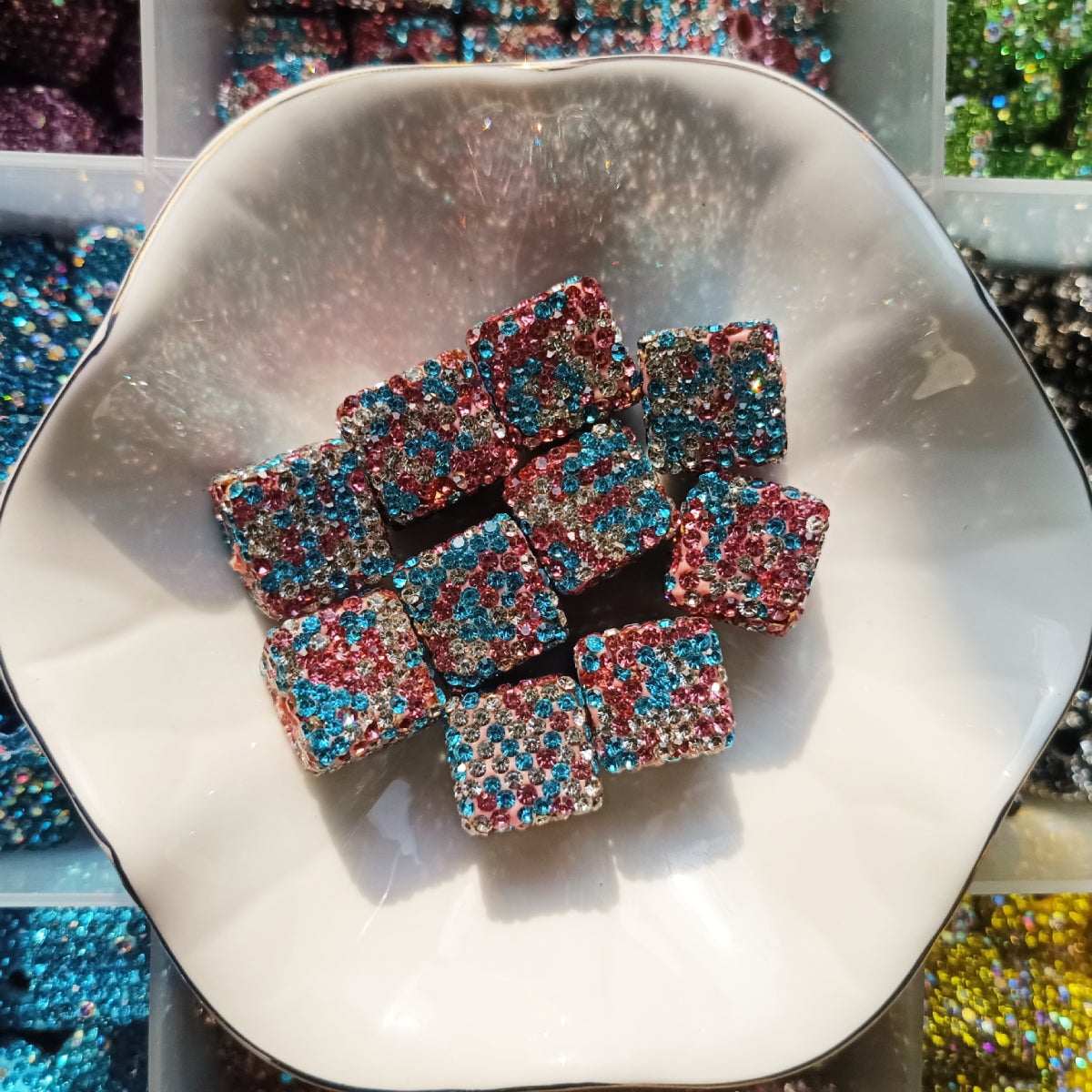 Kisor 10Pcs 14mm Rhinestone Clay Beads Bead Square Spacer Bead for ...