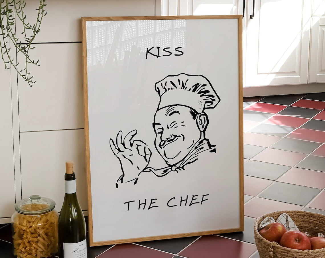 Kiss The Chef Print, Aesthetic Kitchen Decor, Cute Cooking Art, Trendy ...